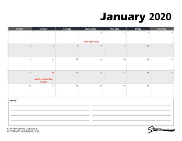 free-printable-calendar-template-january-2020-notes-holidays - Strength ...